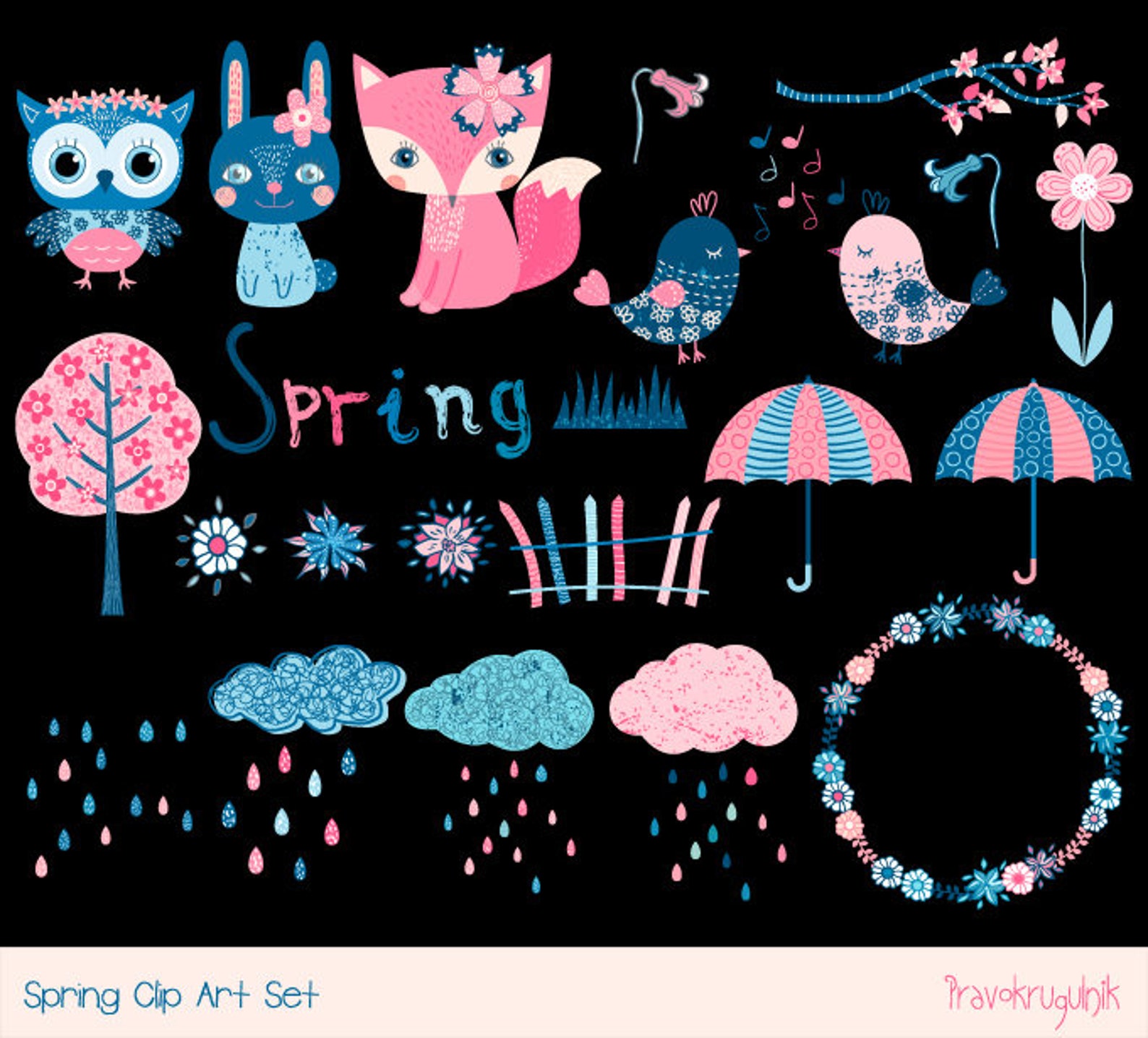 Cute Spring Animal Clipart Set Kawaii Spring Clip Art Blue - Etsy