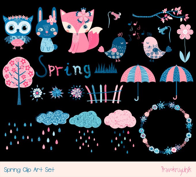 Cute Spring Animal Clipart Set Kawaii Spring Clip Art Blue - Etsy