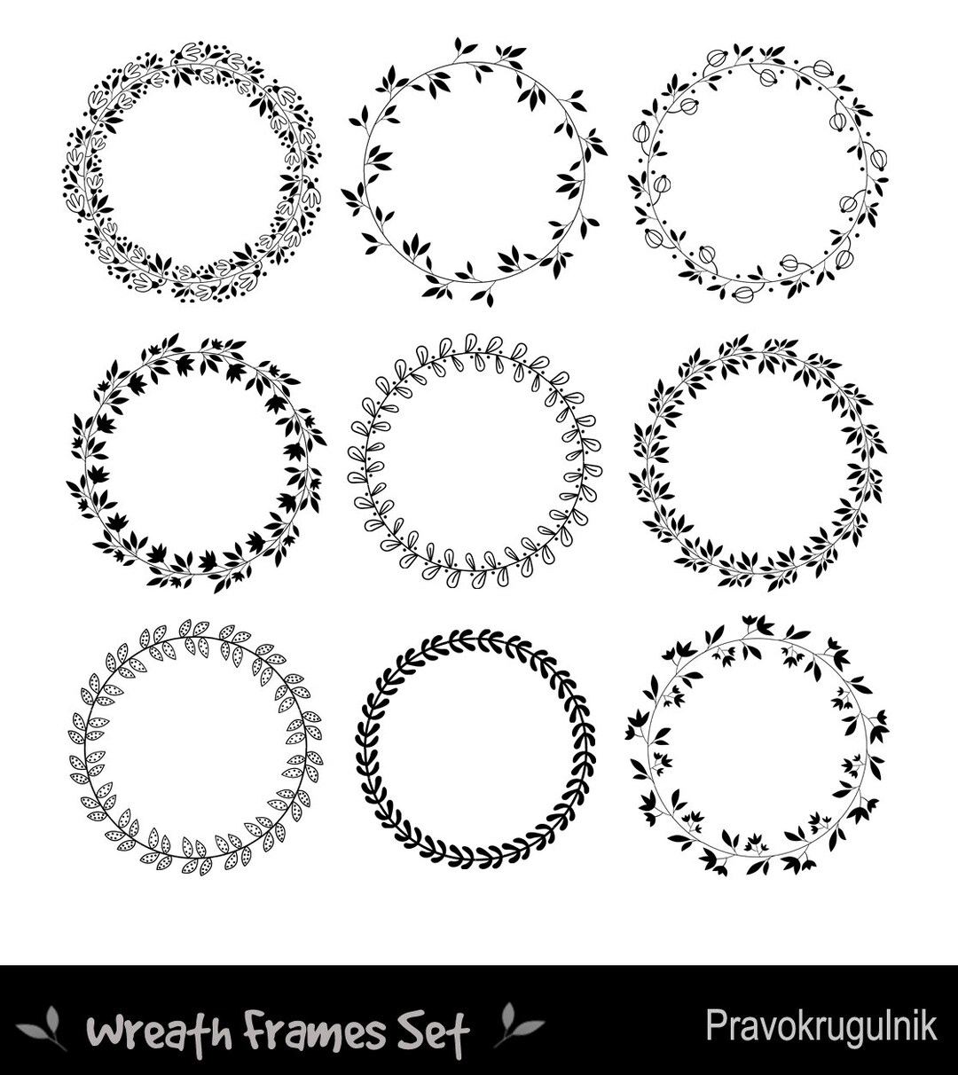 Round Borders Clipart, Floral Wreaths Clipart, Circle Frames, Black ...