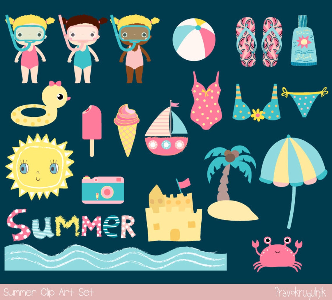 Cute Pink Summer Clip Art, Beach Holiday Clipart Vacation, Kid Set ...