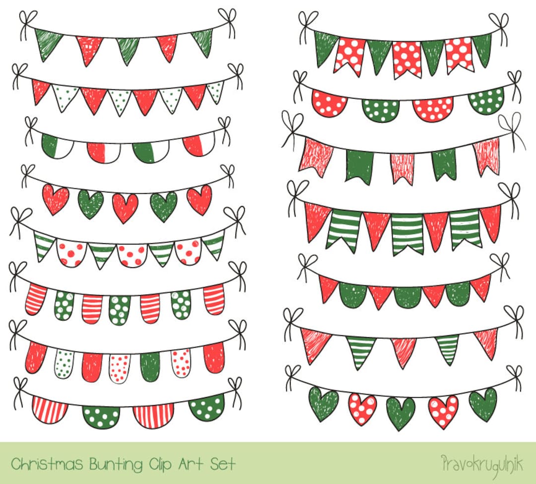 Christmas Bunting Clipart, Red Green Doodle Bunting Clip Art, Banner ...