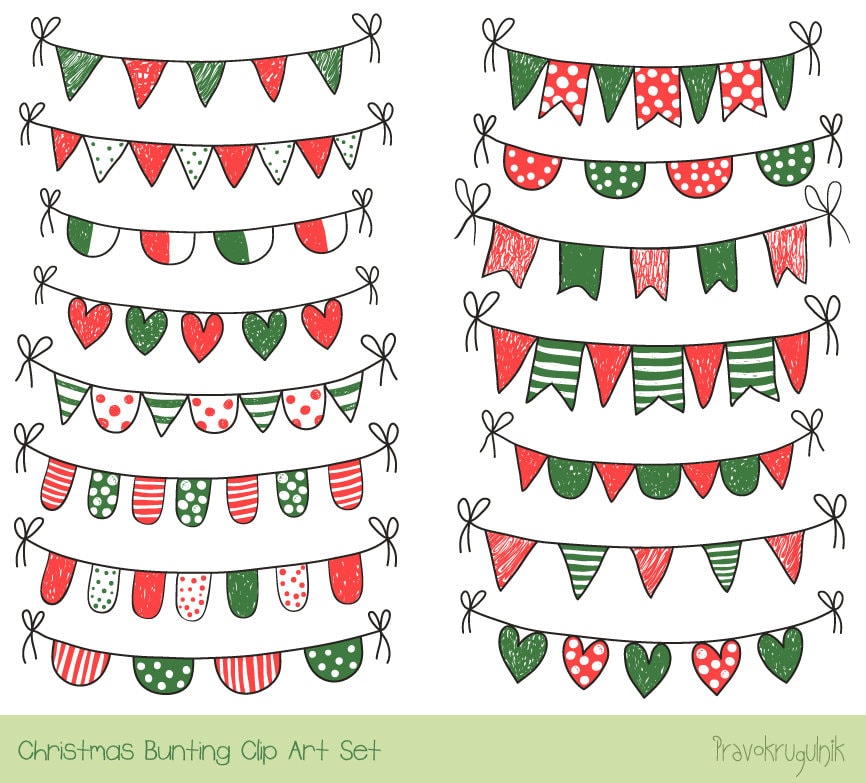 Christmas Bunting Clipart, Red Green Doodle Bunting Clip Art, Banner ...