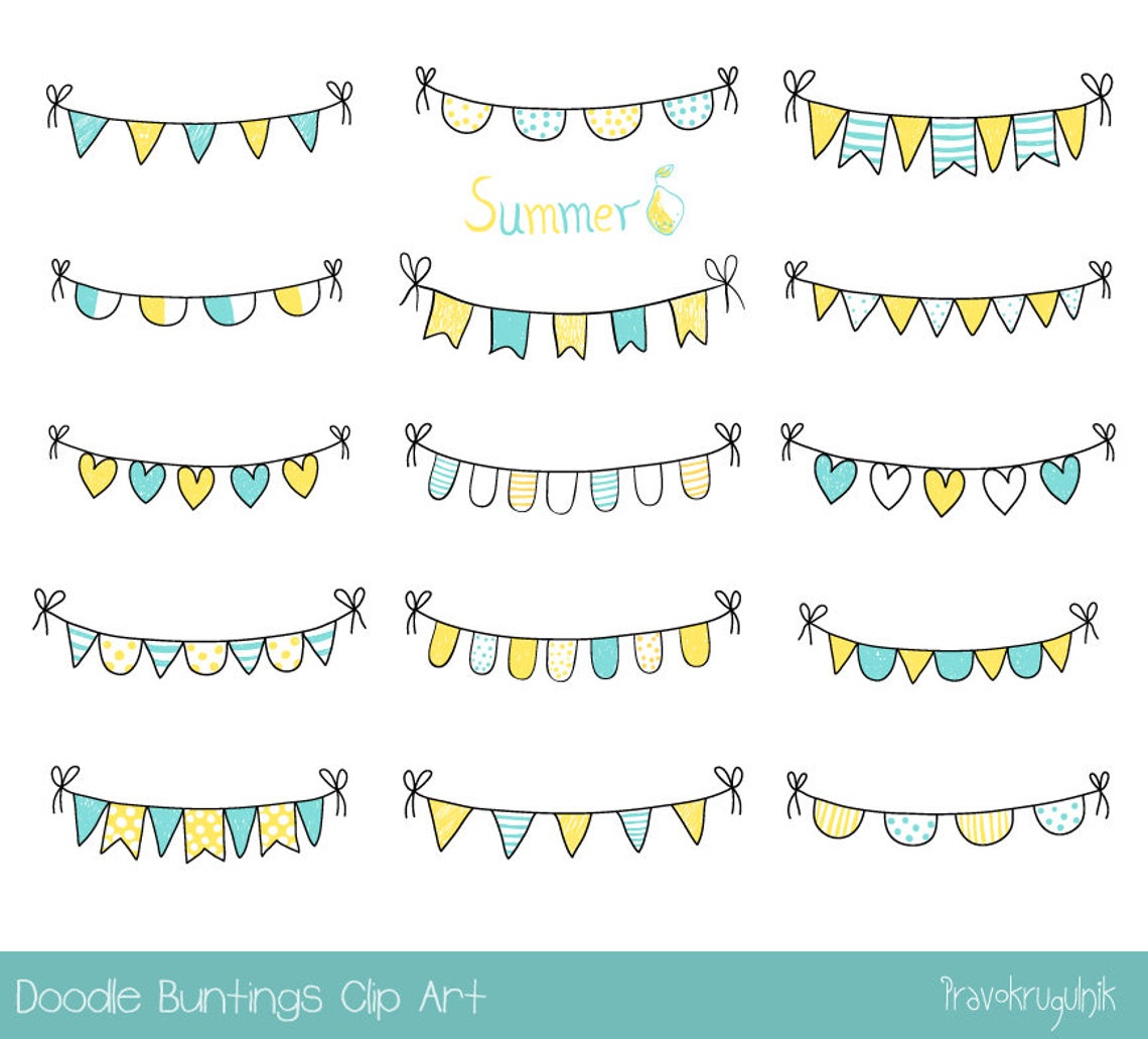 Hand Drawn Summer Bunting Clipart Yellow and Blue Doodle - Etsy