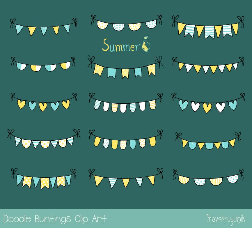 Hand Drawn Summer Bunting Clipart Yellow and Blue Doodle - Etsy