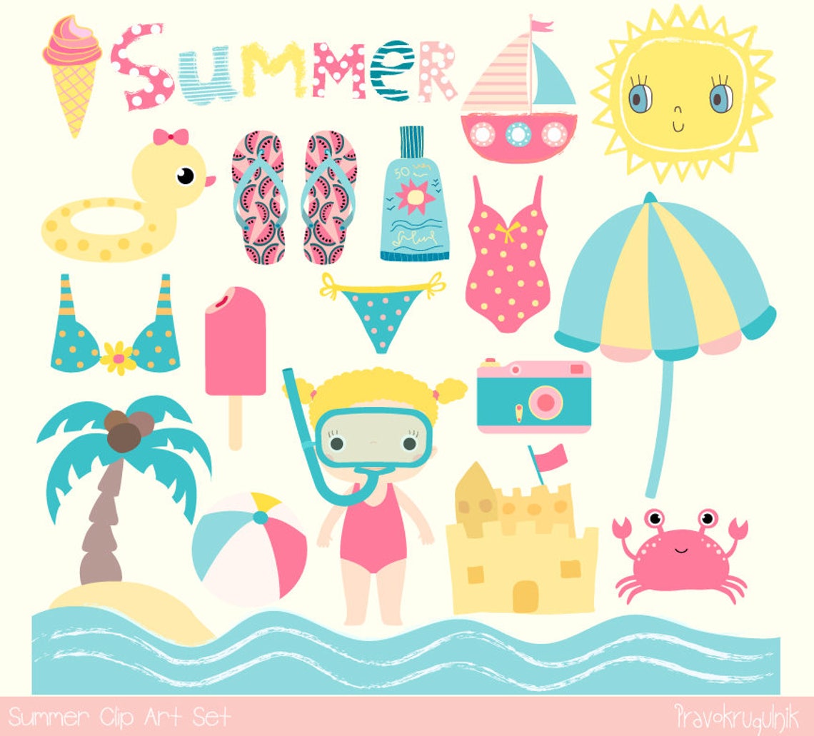 Cute Pink Summer Clip Art, Beach Holiday Clipart Vacation, Kid Set ...