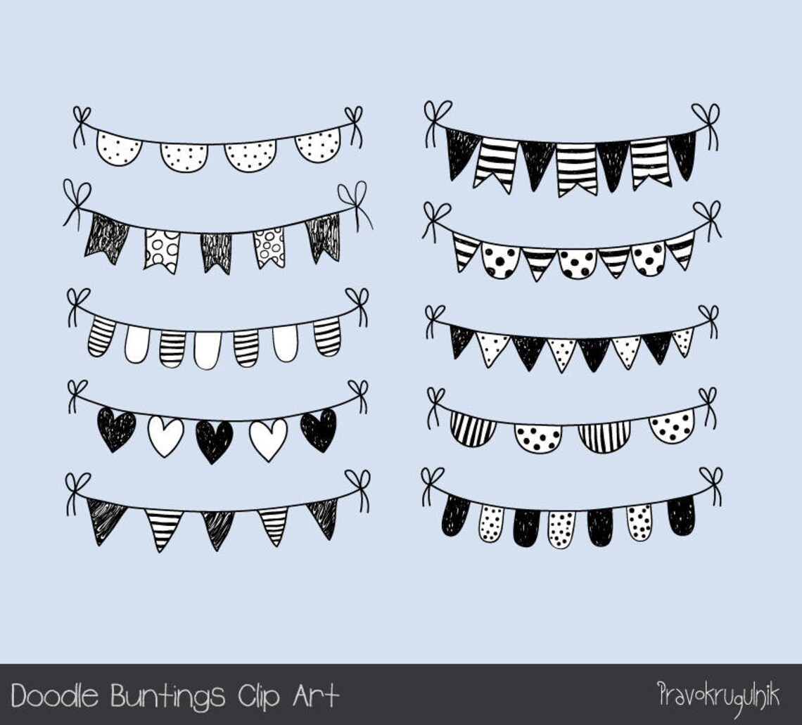 Hand Drawn Doodle Bunting Clipart, Black and White Flag Clip Art ...