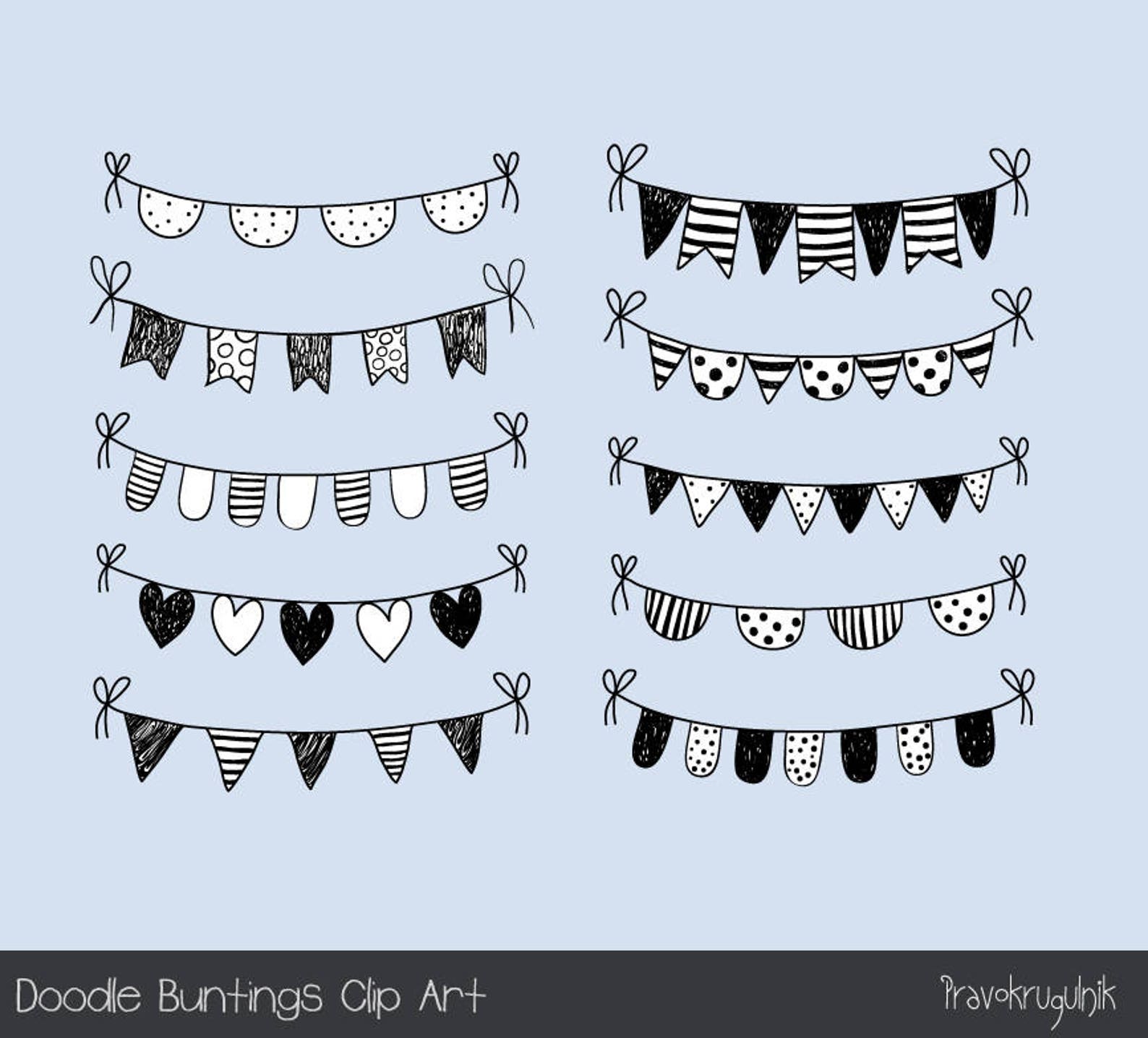 Hand Drawn Doodle Bunting Clipart, Black and White Flag Clip Art ...