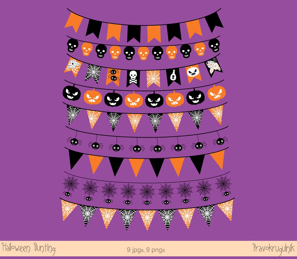 Halloween Digital Banner, Halloween Bunting Clipart, Orange and Black ...