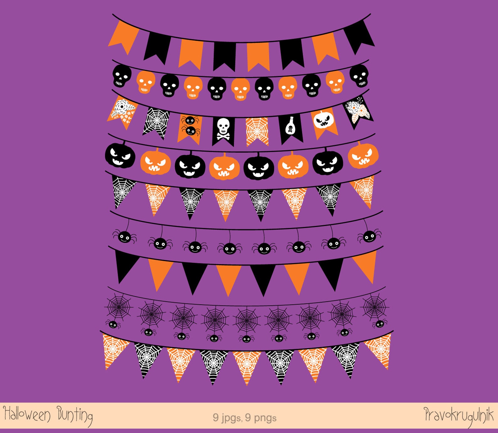Halloween Digital Banner, Halloween Bunting Clipart, Orange and Black ...