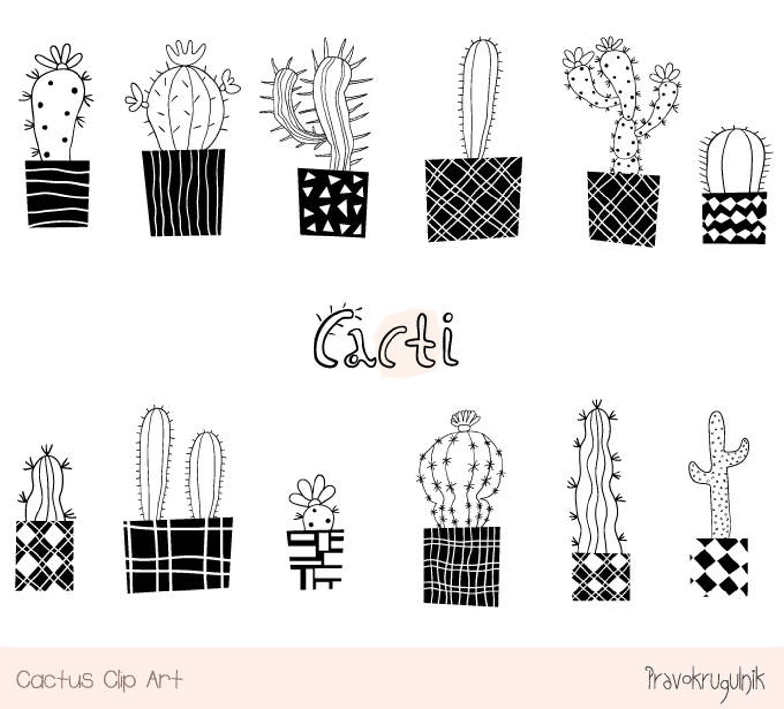 Cute Cactus Clipart Set Black and White Cacti Pot Clip Art - Etsy
