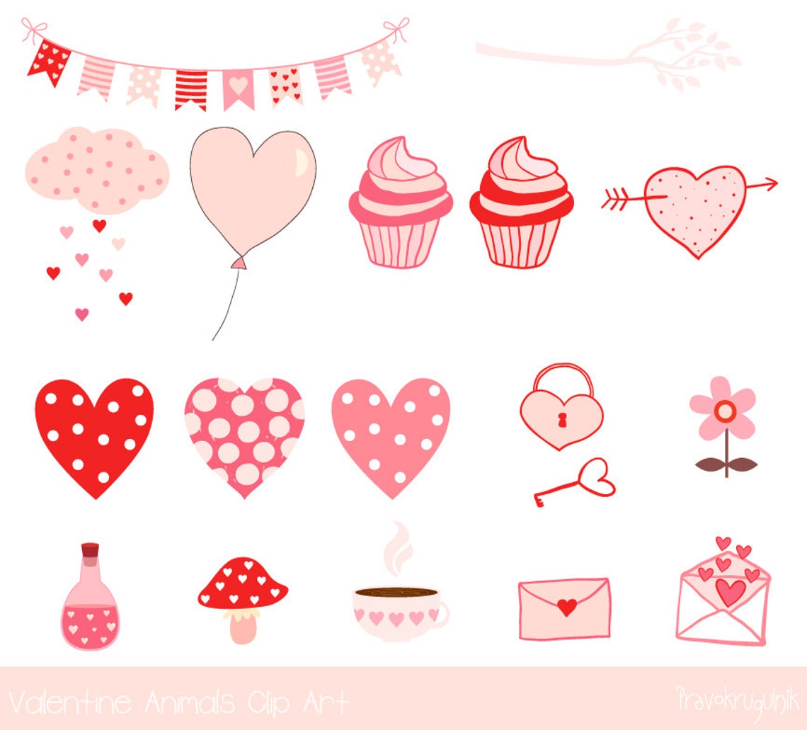 Cute Valentine Animal Clipart, Pink Kawaii Animal Clip Art, Valentine ...