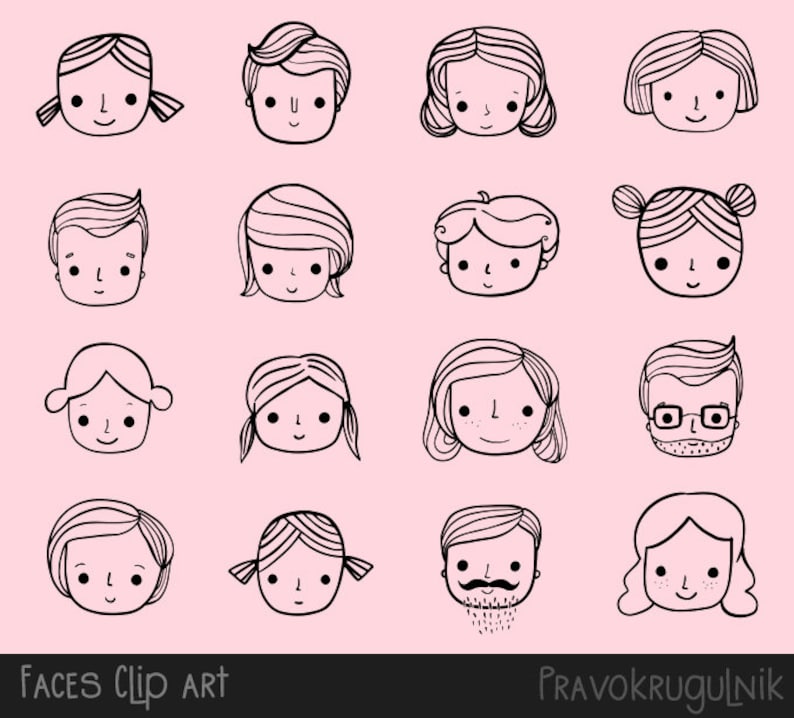 Hand Drawn Faces Clip Art, Doodle Outline Face Clipart, Black and White ...