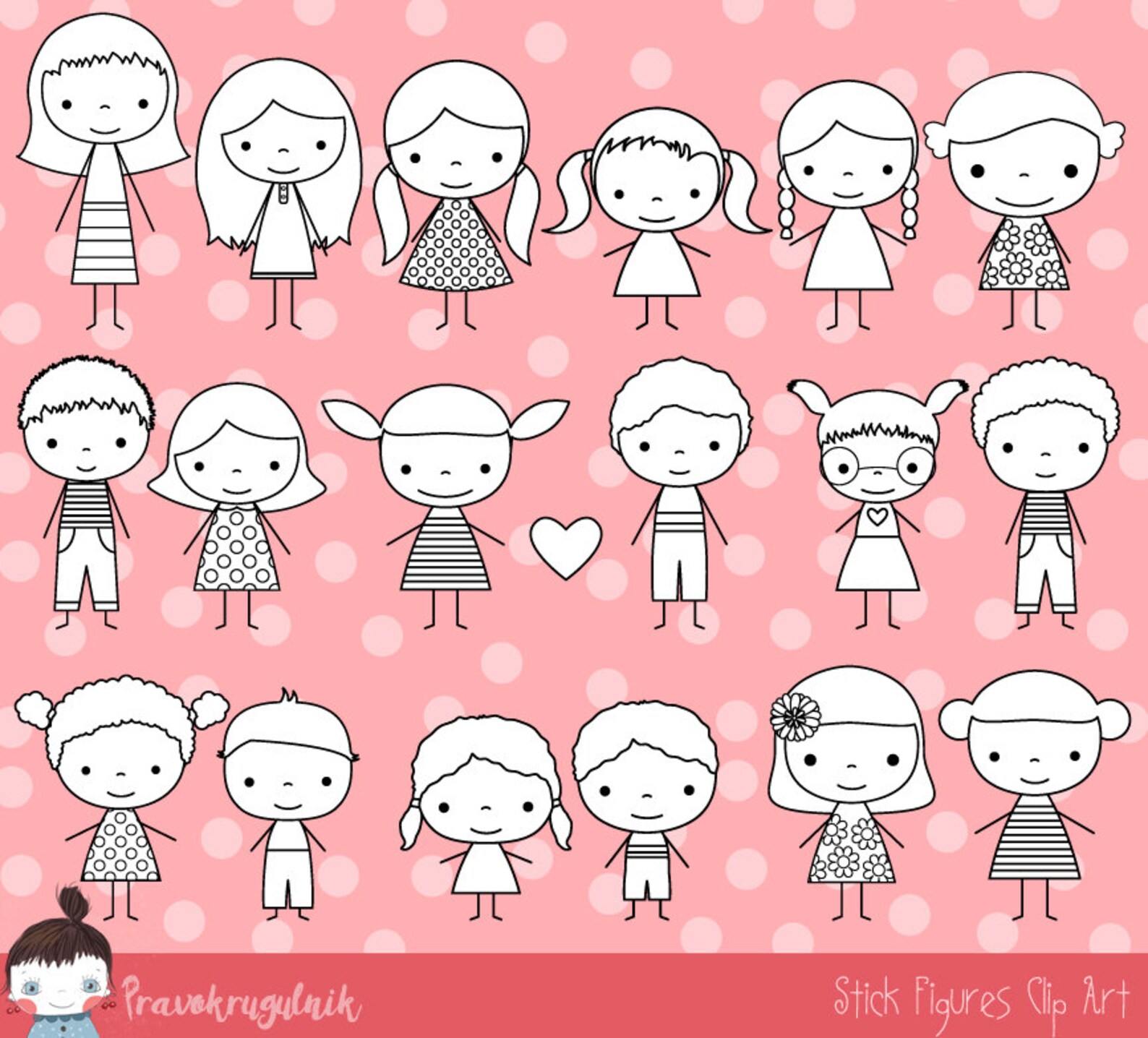 Cute Boy and Girl Stick Figure Digital Stamp, Children Stick Figure ...