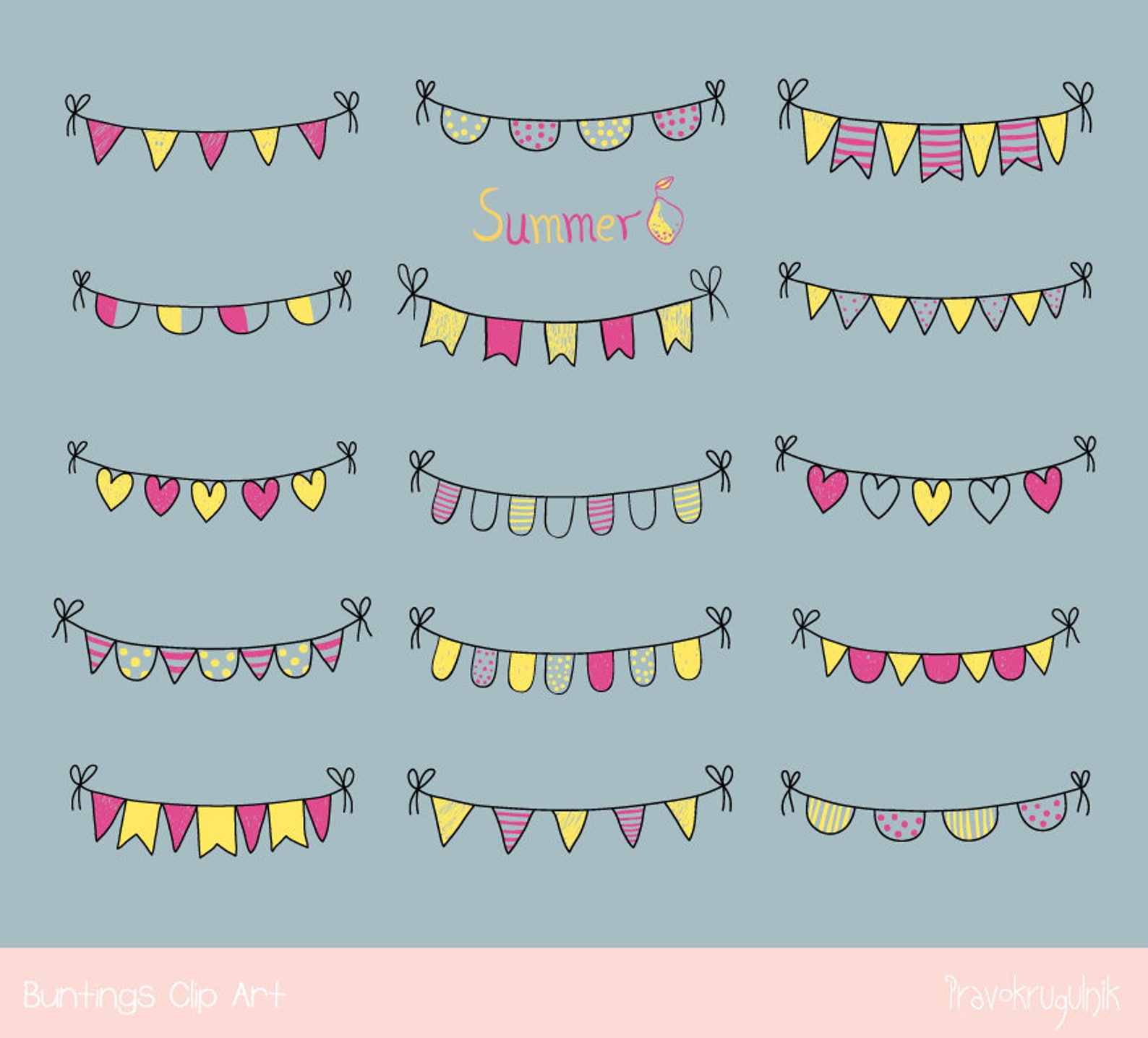 Cute doodle bunting clipart Yellow and purple summer bunting | Etsy