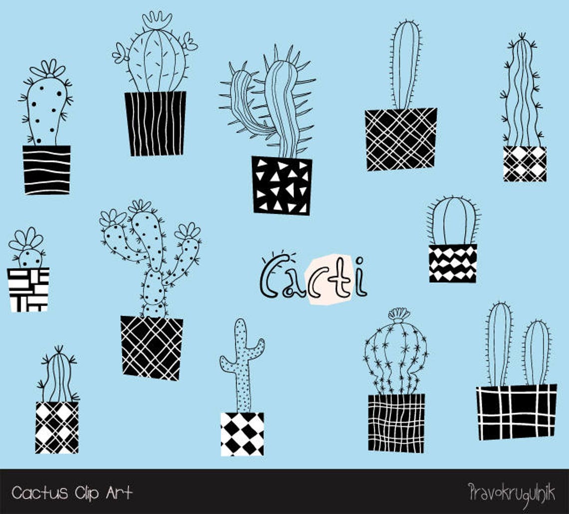 Cute Cactus Clipart Set Black and White Cacti Pot Clip Art - Etsy
