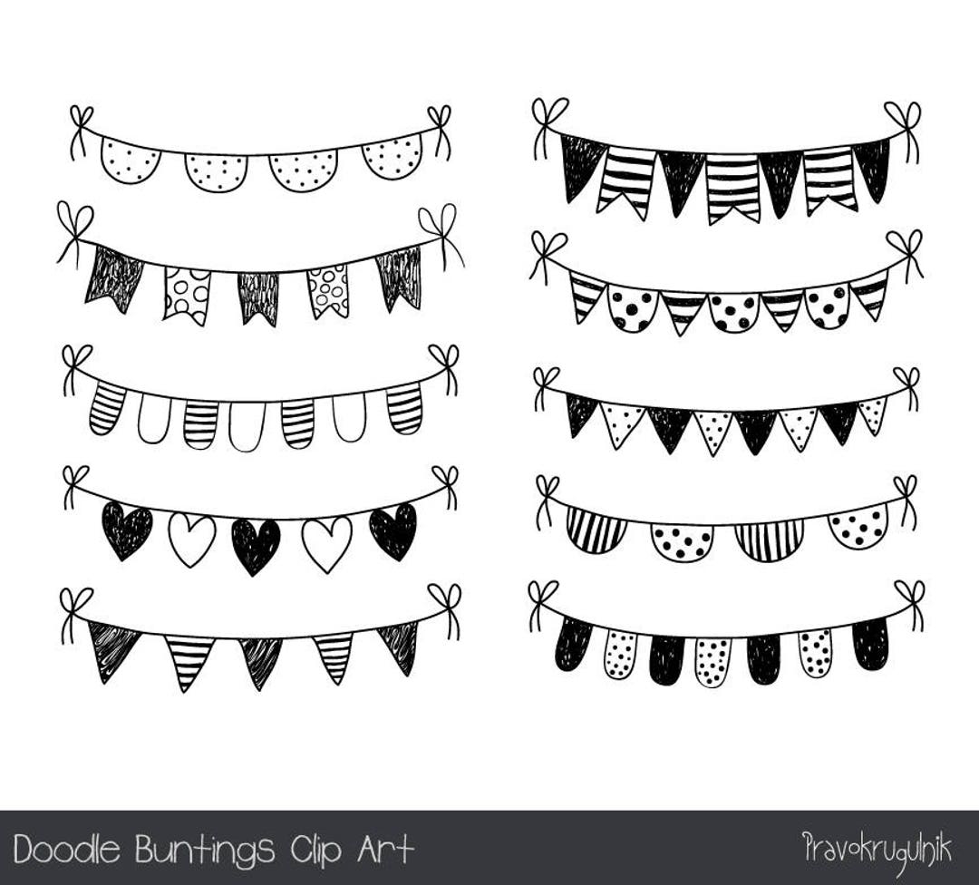 Hand Drawn Doodle Bunting Clipart, Black and White Flag Clip Art ...