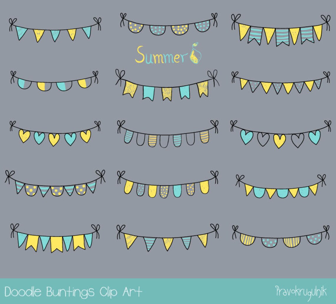 Hand Drawn Summer Bunting Clipart, Yellow and Blue Doodle Beach Bunting ...