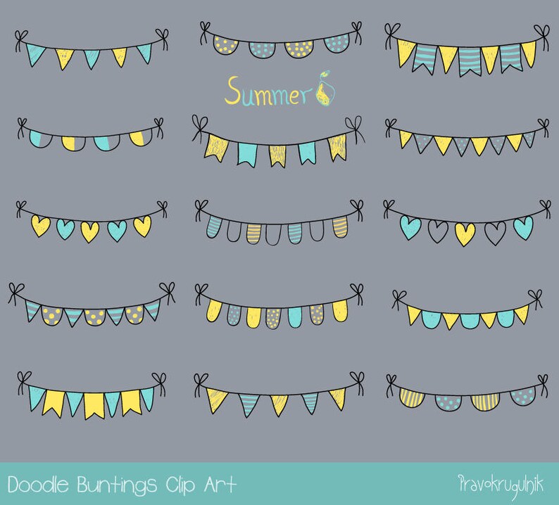 Hand Drawn Summer Bunting Clipart Yellow and Blue Doodle - Etsy
