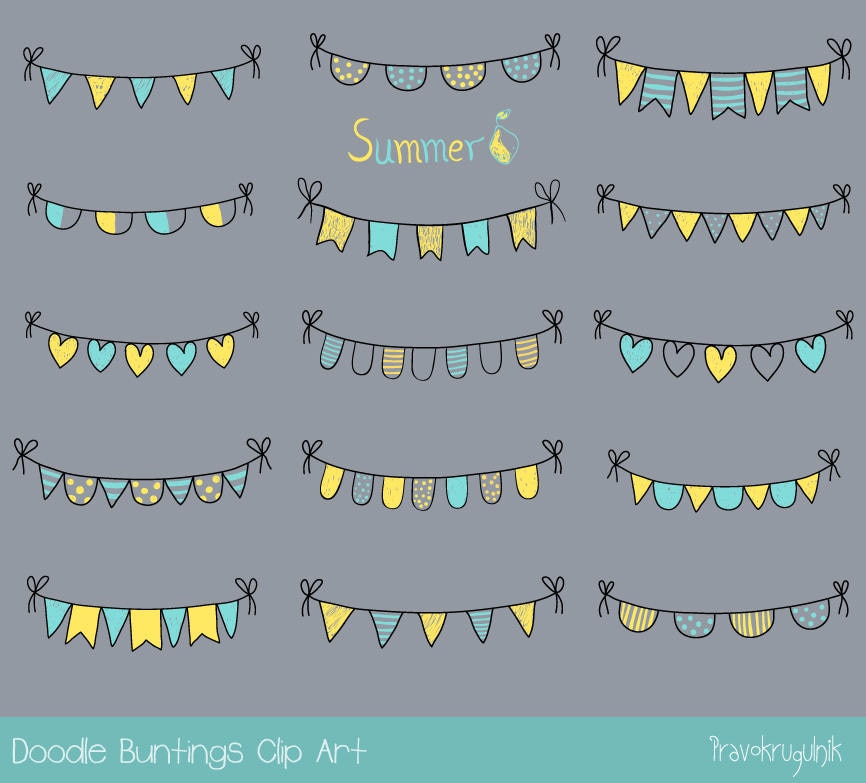 Hand Drawn Summer Bunting Clipart Yellow and Blue Doodle - Etsy