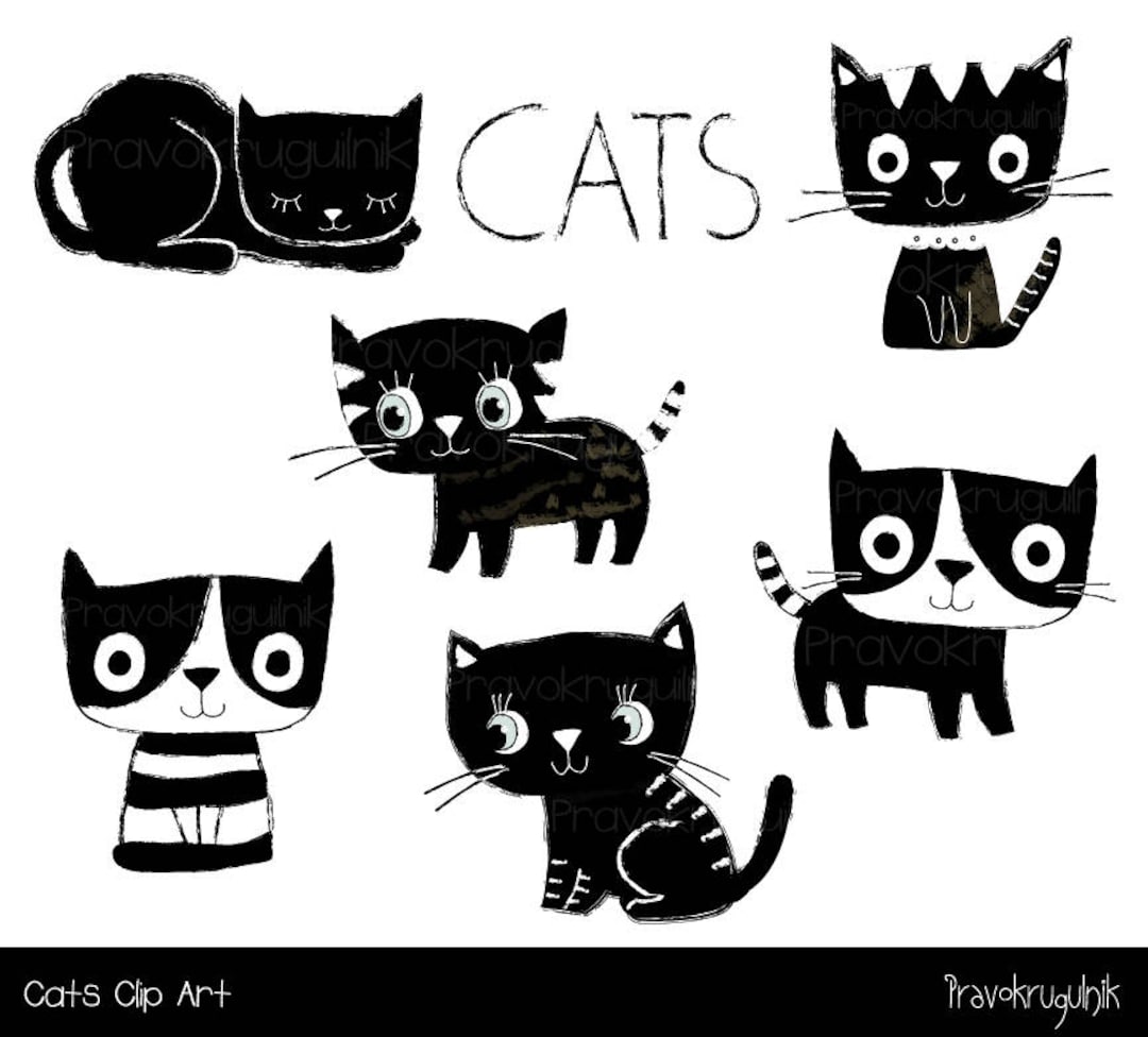 Cute Cat Clipart, Black and White Cat Clip Art, Kawaii Kitty Clipart ...