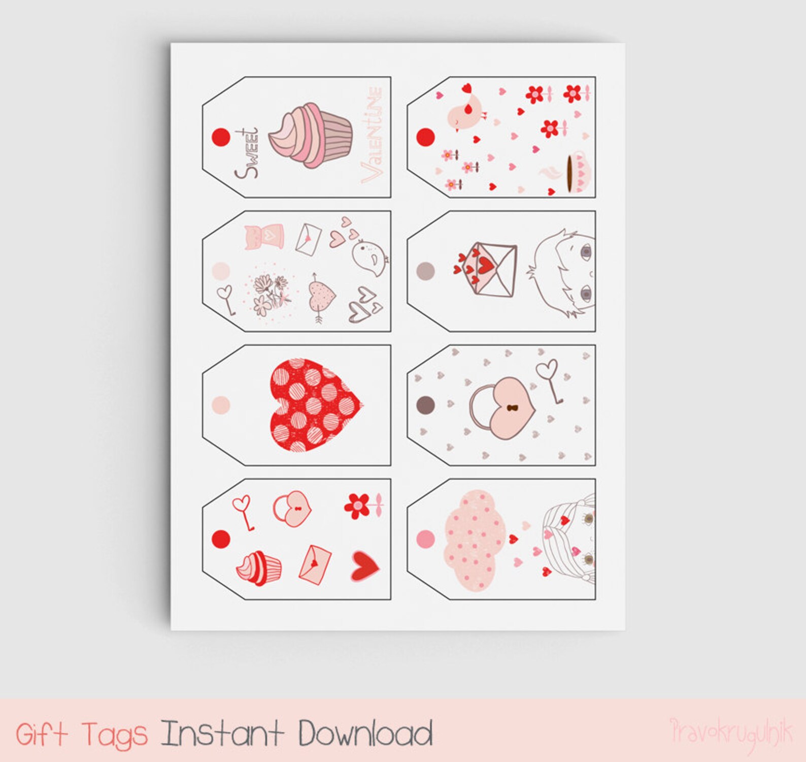 Printable Valentine Tag, Digital Pink and Red Label, Love Hang Tags ...