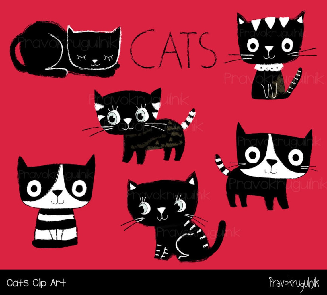 Cute Cat Clipart, Black and White Cat Clip Art, Kawaii Kitty Clipart ...