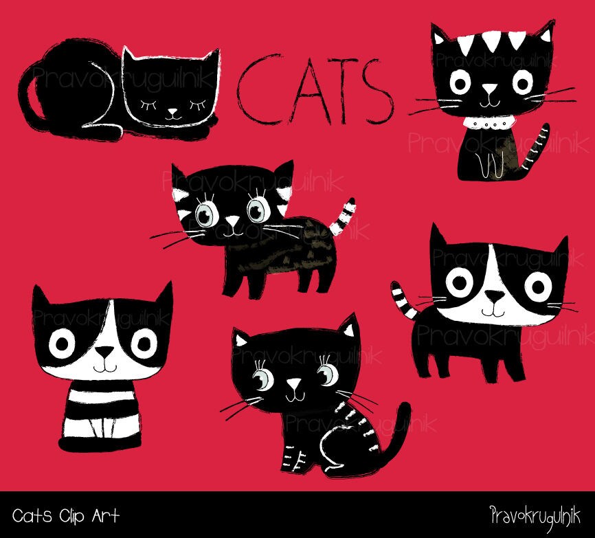 Cute Cat Clipart, Black and White Cat Clip Art, Kawaii Kitty Clipart ...