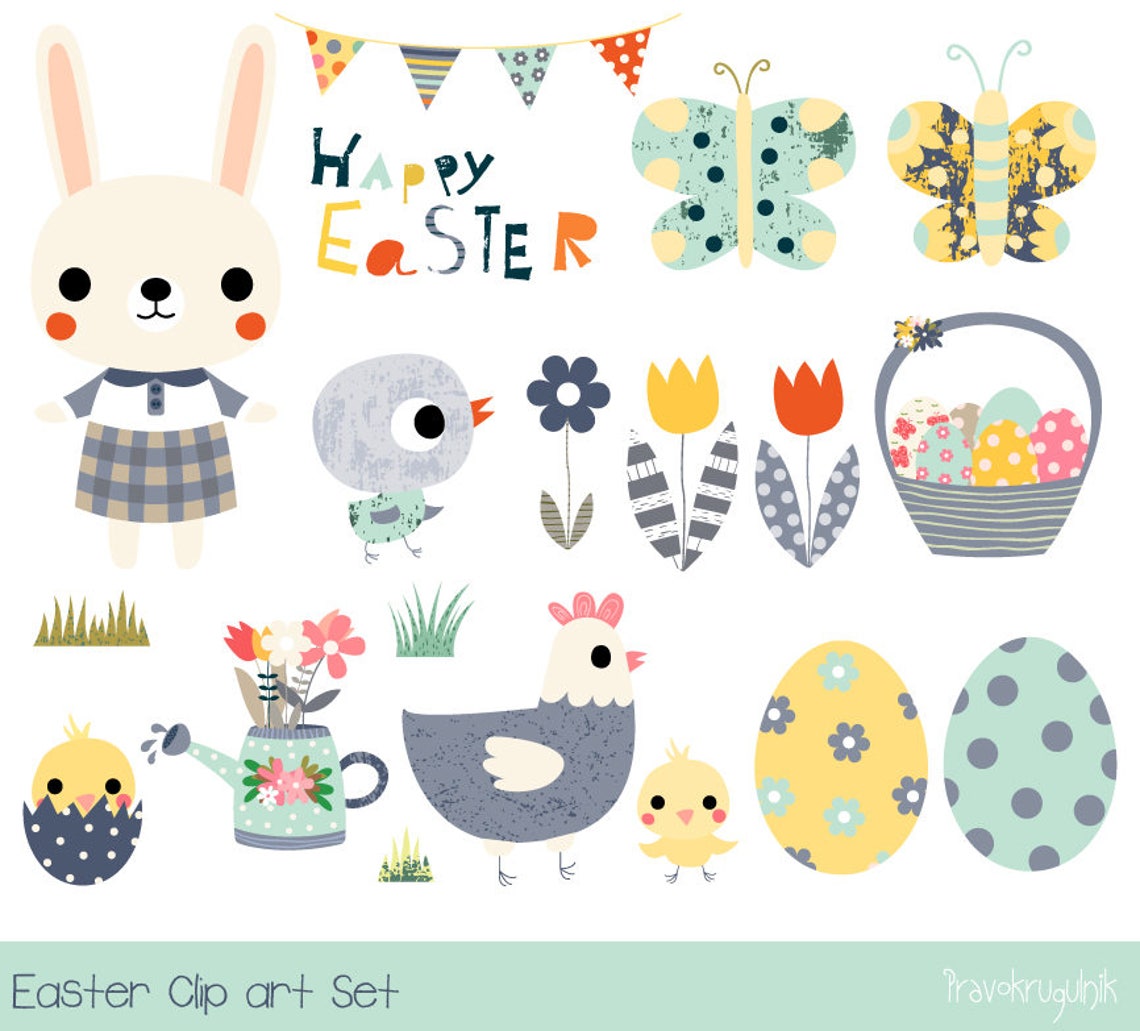 Happy Easter Clipart, Cute Easter Clip Art Set, Easter Bunny Clip Art ...