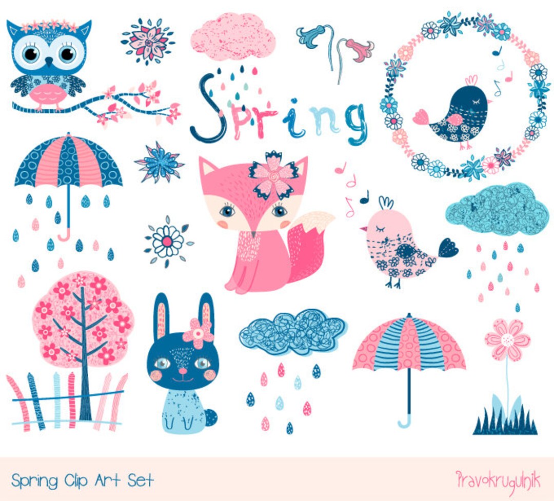 Cute Spring Animal Clipart Set, Kawaii Spring Clip Art, Blue Owl ...