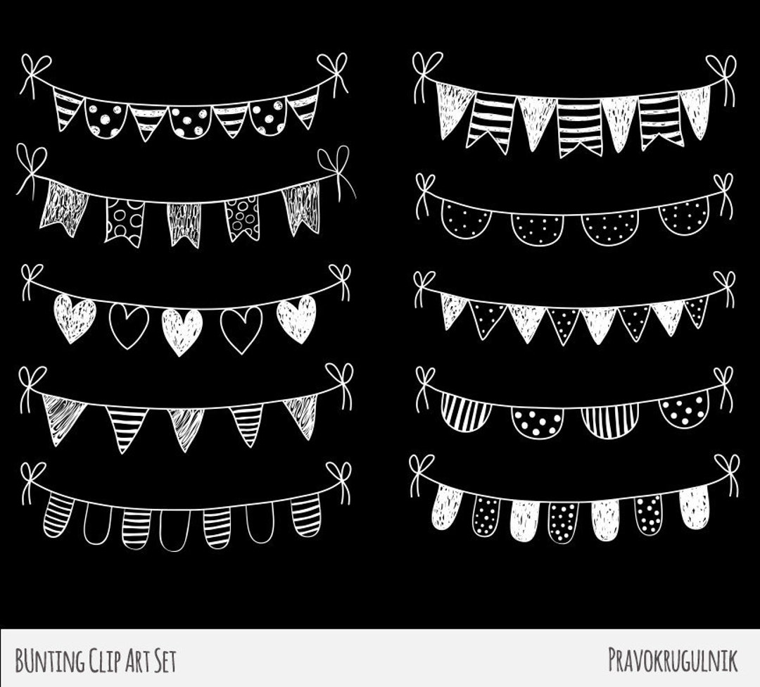 White Bunting Flags Clipart, Chalkboard Border Clipart, Doodle Bunting ...