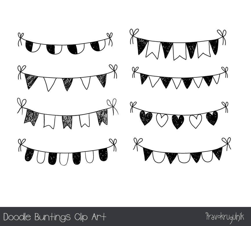 Doodle Bunting Clipart, Hand Drawn Bunting Clip Art, Black Outline ...