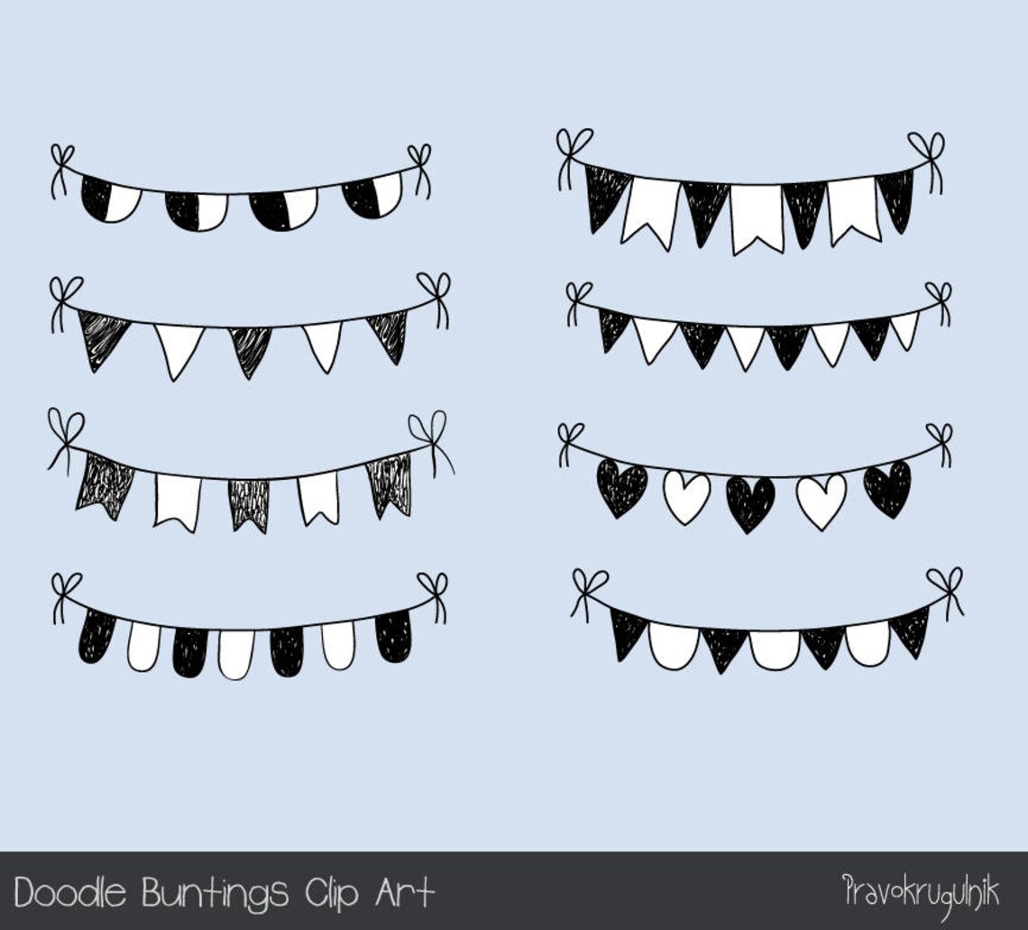 Doodle Bunting Clipart, Hand Drawn Bunting Clip Art, Black Outline ...