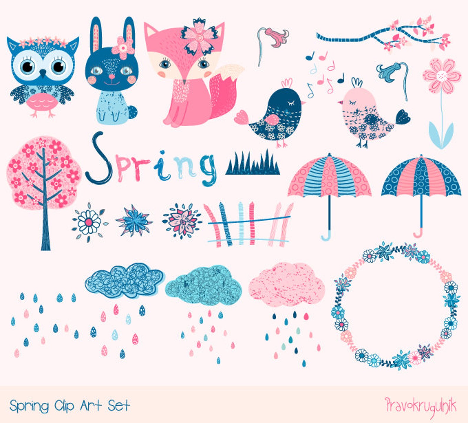 Cute Spring Animal Clipart Set Kawaii Spring Clip Art Blue - Etsy