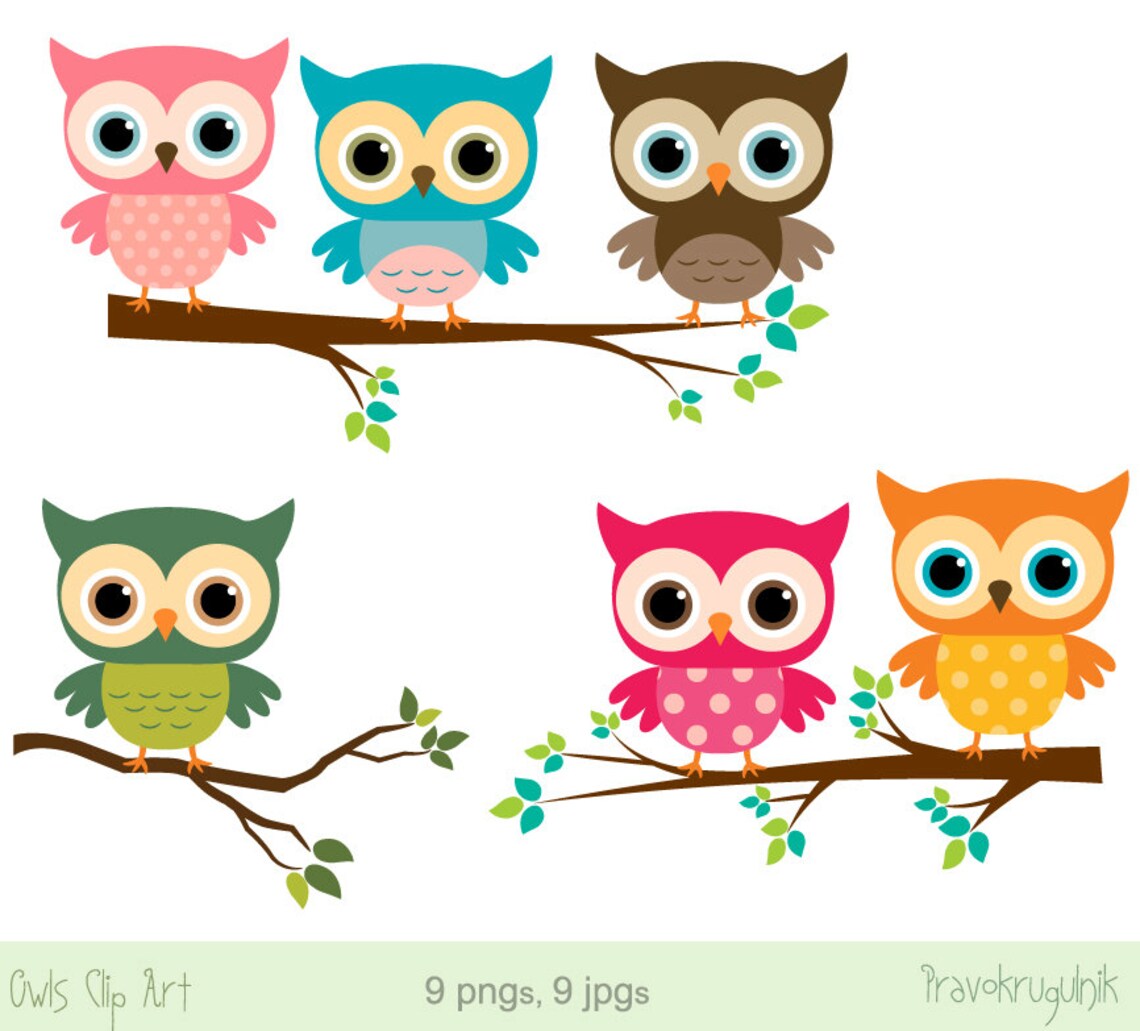 Baby Owl Clip Art, Girl Owl Clipart, Rainbow Owls on Branches, Cute ...