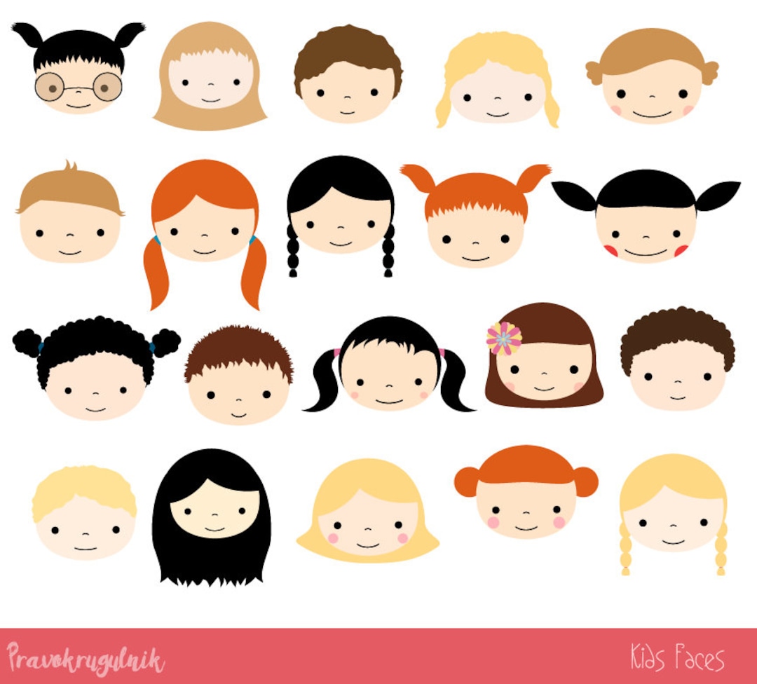 Cute Kid Faces Clipart Set, Children Clipart Head, Kawaii Boy and Girl ...