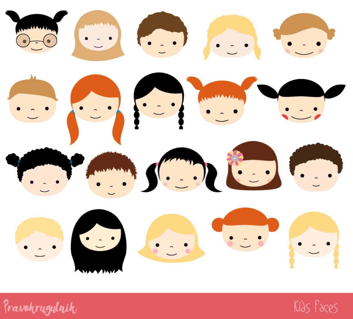 Cute Kid Faces Clipart Set, Children Clipart Head, Kawaii Boy and Girl ...