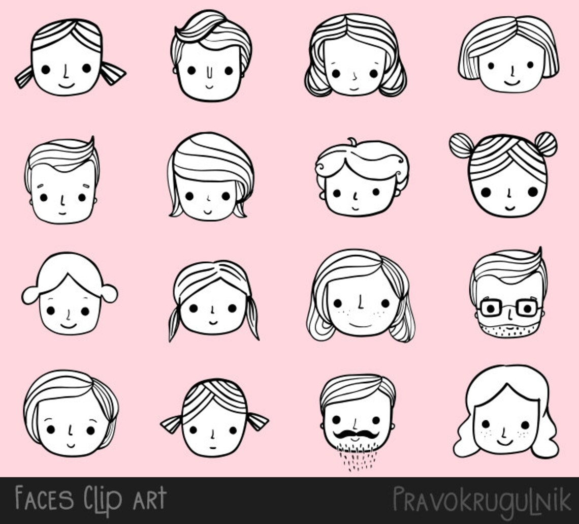 Hand Drawn Faces Clip Art, Doodle Outline Face Clipart, Black and White ...