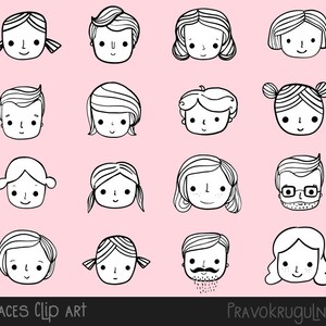 Hand Drawn Faces Clip Art, Doodle Outline Face Clipart, Black and White ...