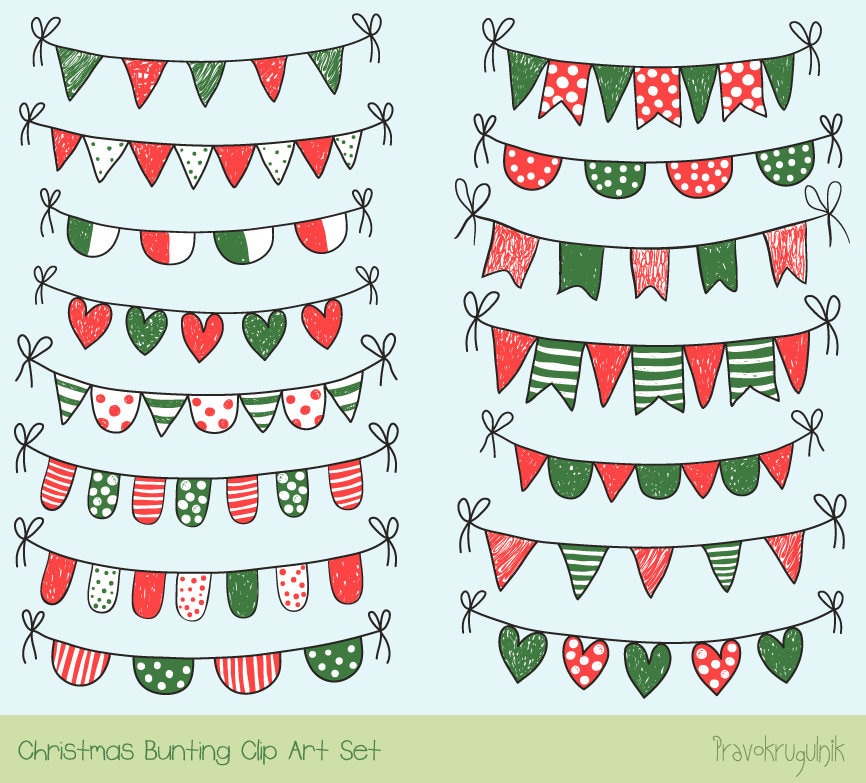 Christmas Bunting Clipart, Red Green Doodle Bunting Clip Art, Banner ...
