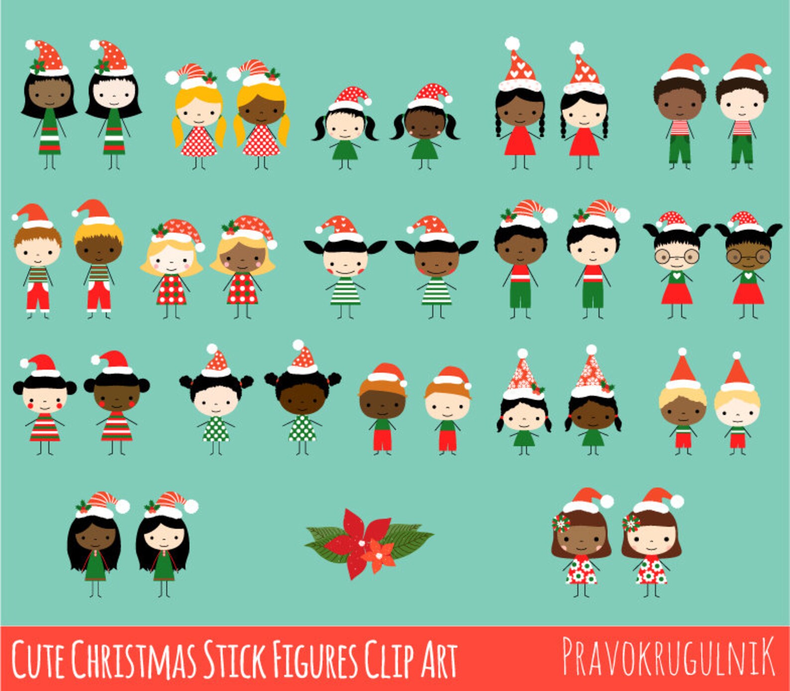 Cute Christmas Stick Figures Clipart, Children Clip Art, Multicultural ...