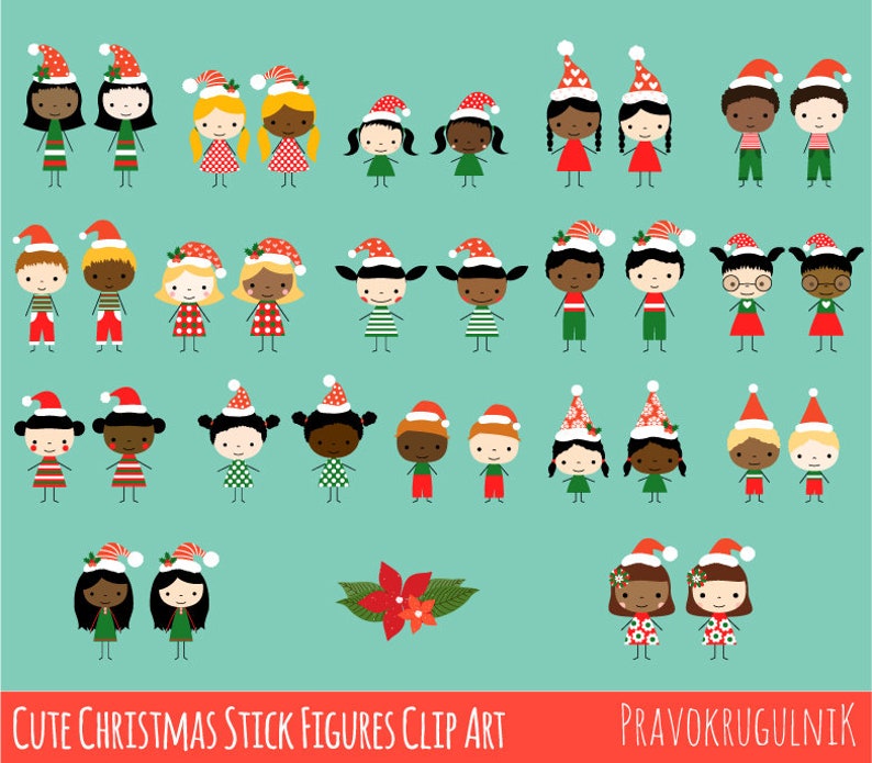 Cute Christmas Stick Figures Clipart, Children Clip Art, Multicultural ...