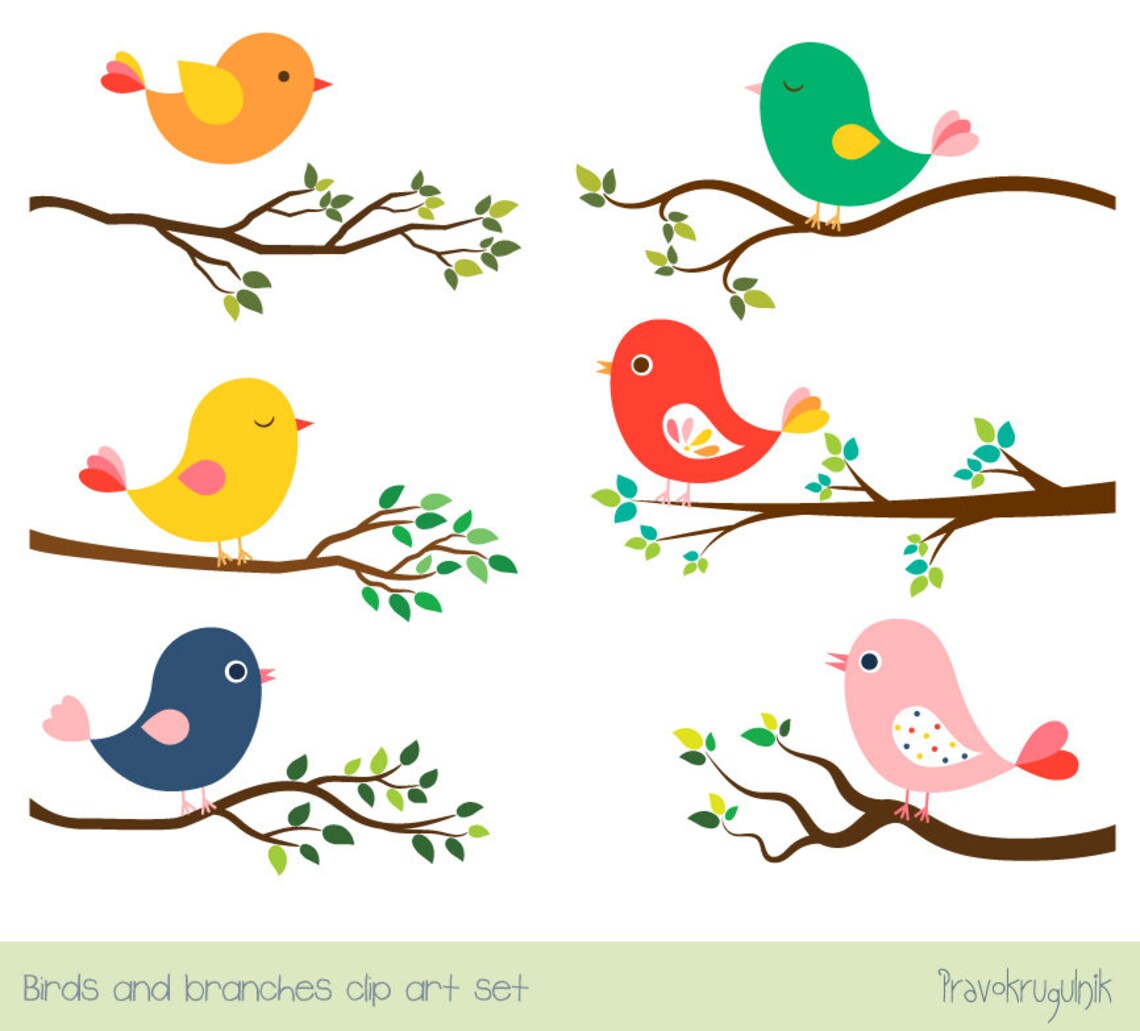Cute Bird Clipart Set, Tree Branch Clip Art, Colorful Spring Bird Clip ...