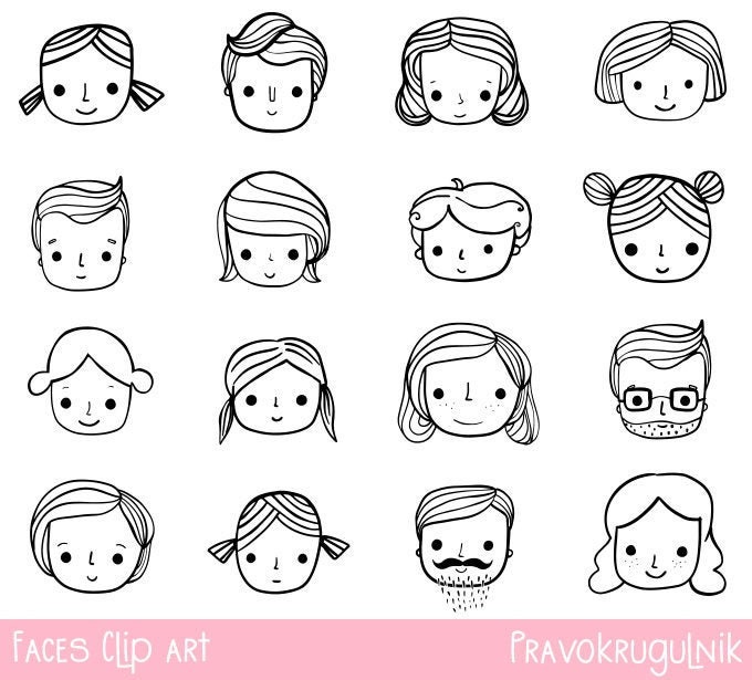 Hand Drawn Faces Clip Art, Doodle Outline Face Clipart, Black and White ...