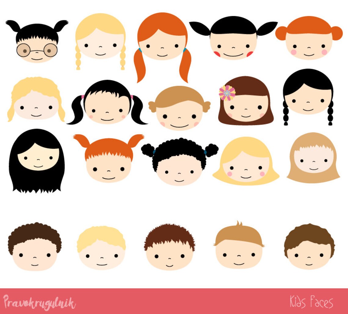 Cute Kid Faces Clipart Set, Children Clipart Head, Kawaii Boy and Girl ...