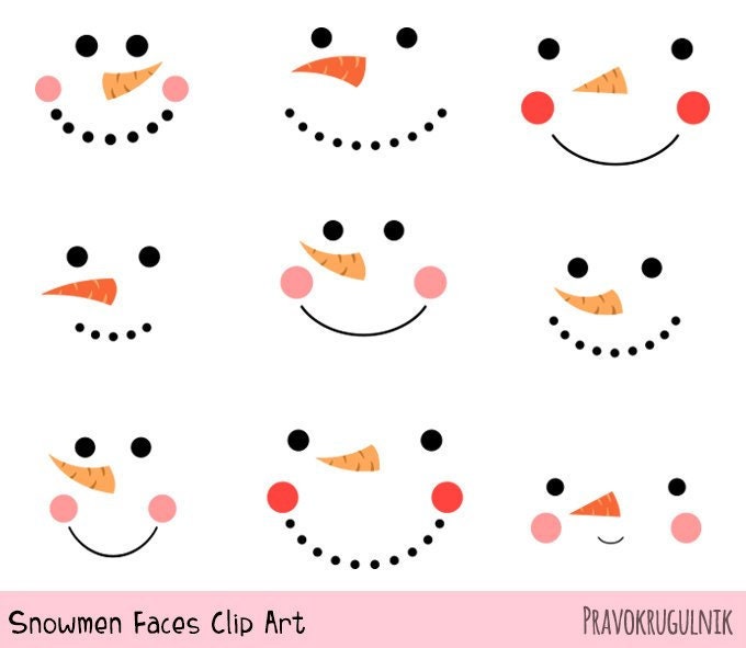 Cute Snowmen Faces Clipart, Funny Snowman Mouth Eyes Nose, Christmas ...