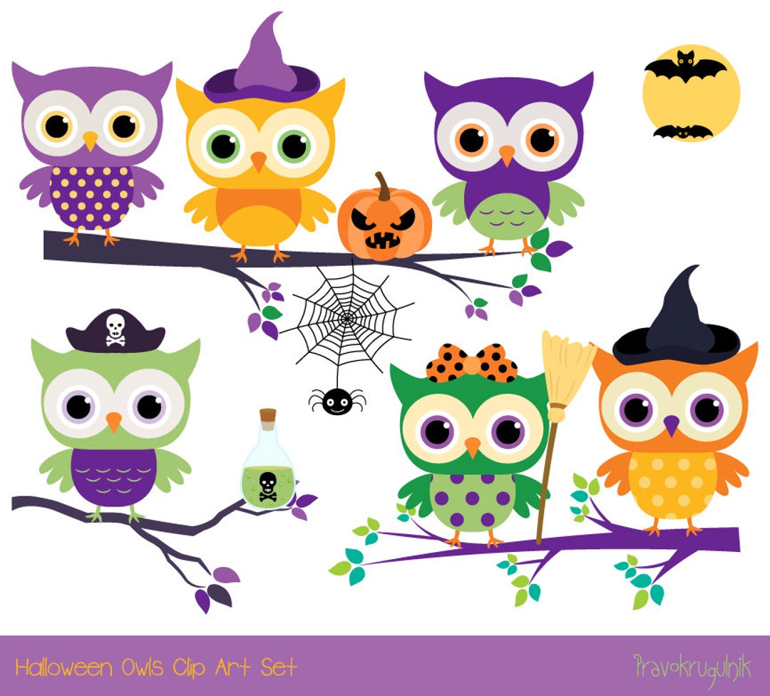 Cute Halloween Owls Clip Art, Halloween Clipart, Digital Purple Owl ...