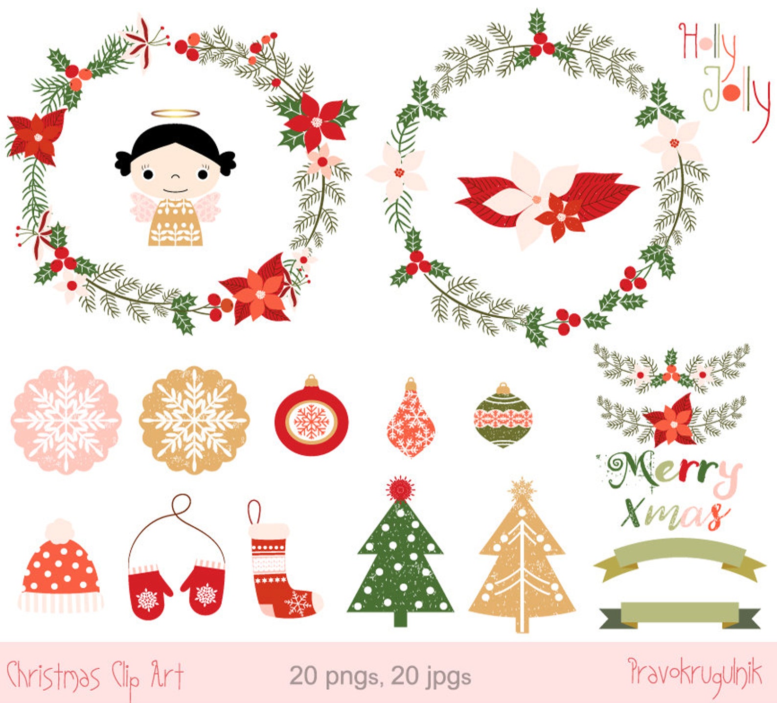 Merry Christmas Wreath Clipart Set Holiday Wreath Clip Art - Etsy
