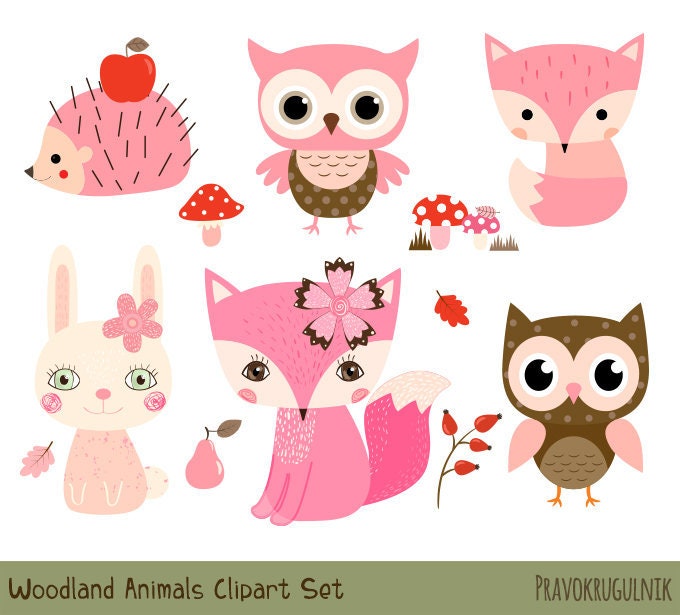 Pink Woodland Animal Clipart, Cute Forest Animal Clipart Woodland Baby ...