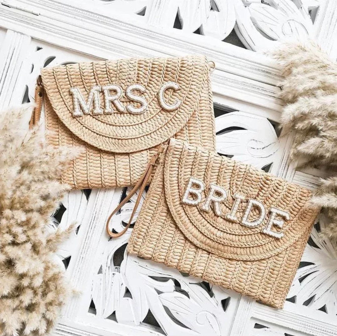 Customised Mrs Bride Honeymoon Wedding Bag - Straw Clutch Bride Tribe ...
