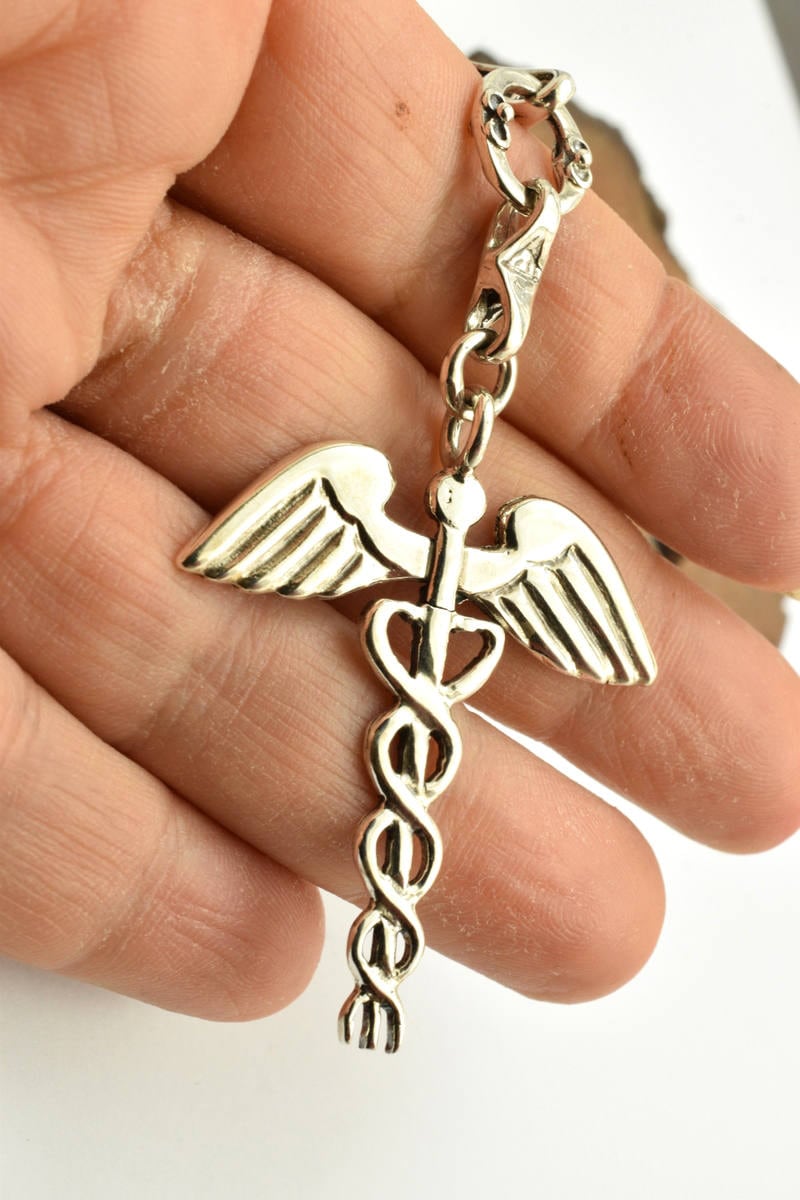 Caduceus Sterling silver keyring medical key chain 925 silver | Etsy